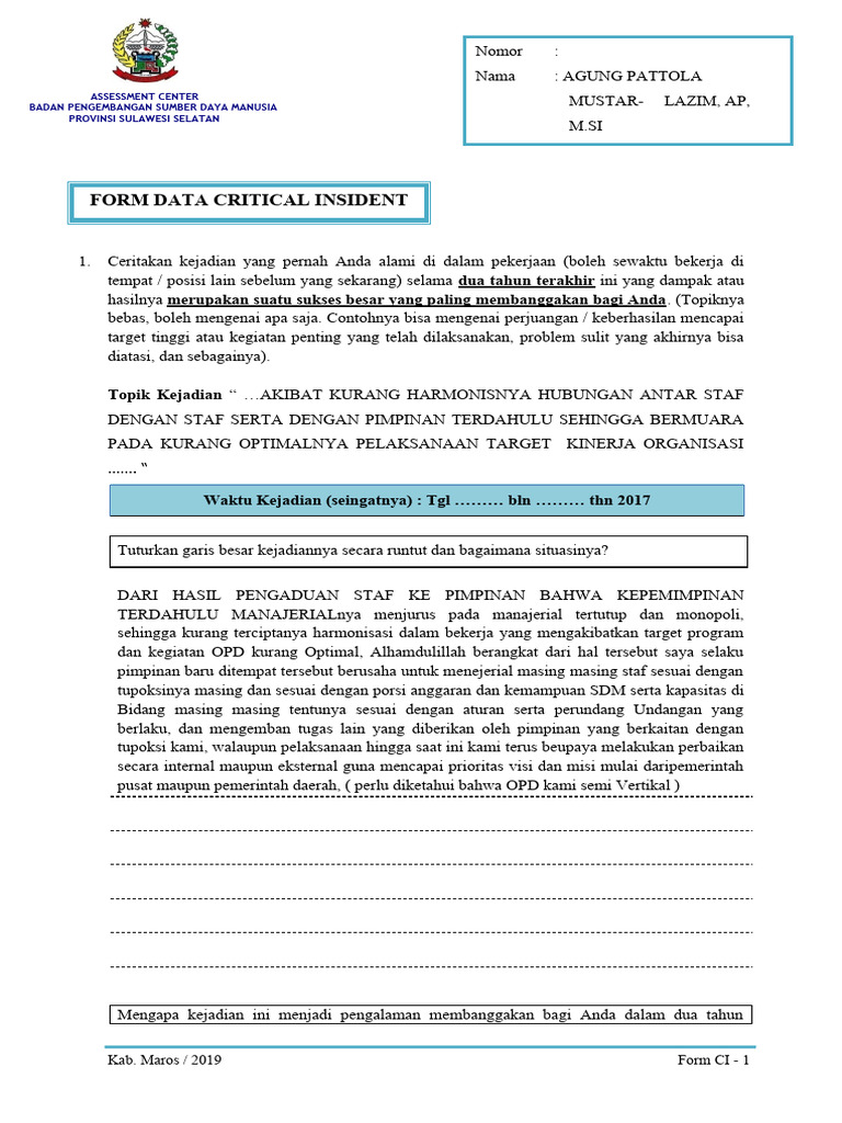 FORM CRITICAL INSIDENT Maros | PDF