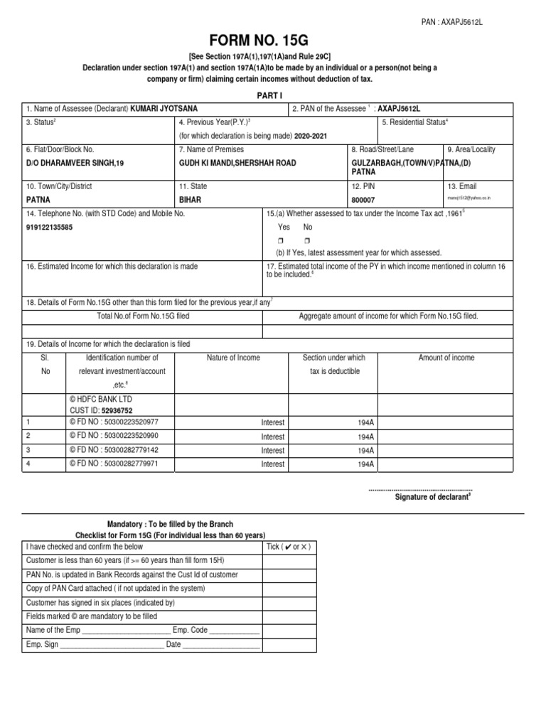 15 G Form (Pre-Filled) | PDF | Income Tax | Taxes