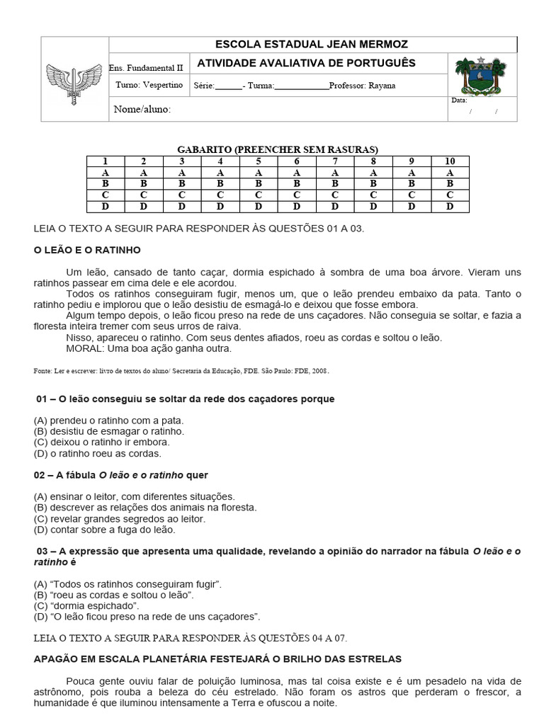 Prova 7 Ano - LINGUA PORTUGUESA | PDF | Leão | Céu