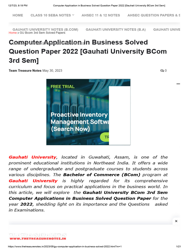 Computer Application in Business Solved Question Paper 2022 (Gauhati ...