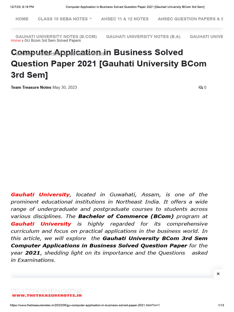 Computer Application in Business Solved Question Paper 2021 (Gauhati University BCom 3rd Sem ...