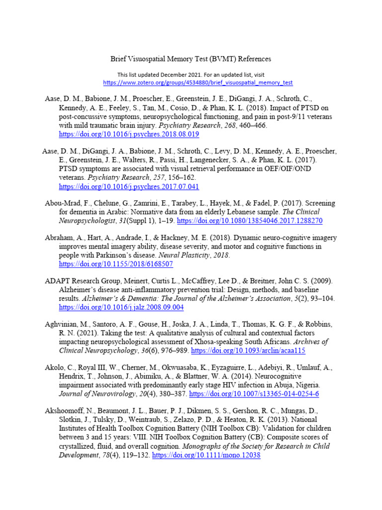 Brief_Visuospatioal_Memory_Test_(BVMT)_References | PDF | Alzheimer's ...