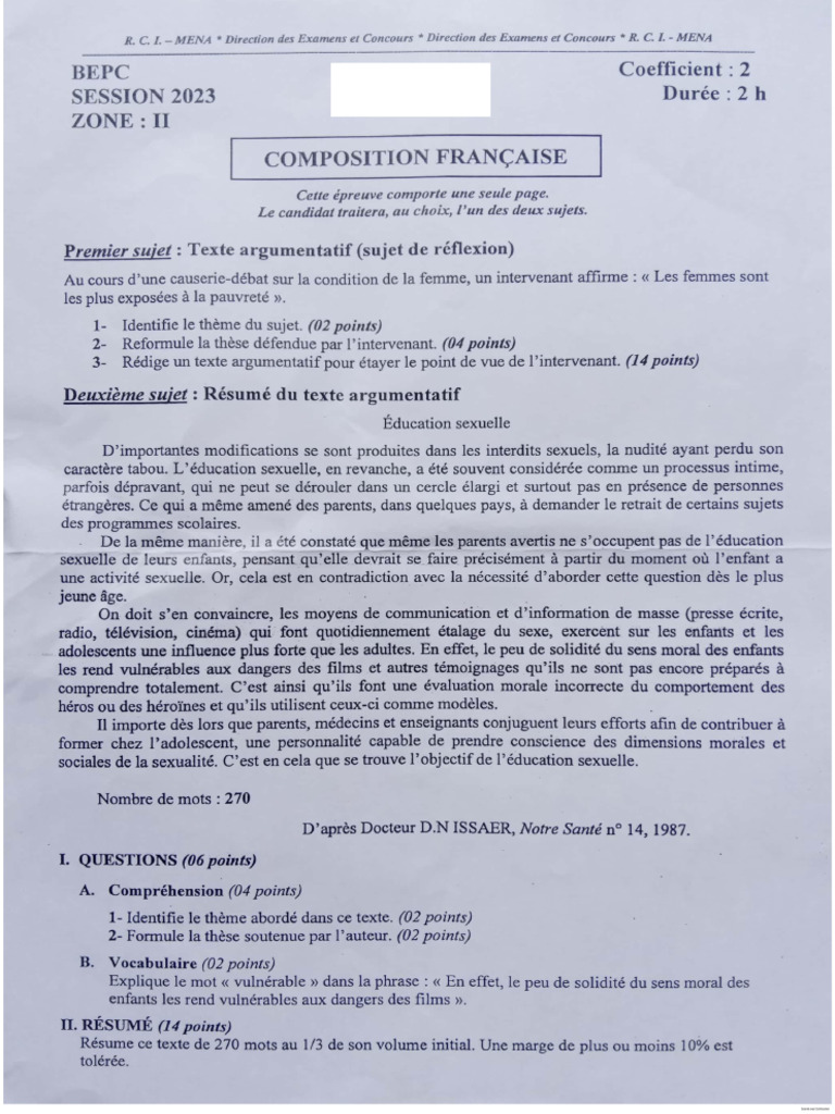 SUJET BEPC 2023 COMPOSITION FRANCAISE Zone-2 COTE D'IVOIRE | PDF