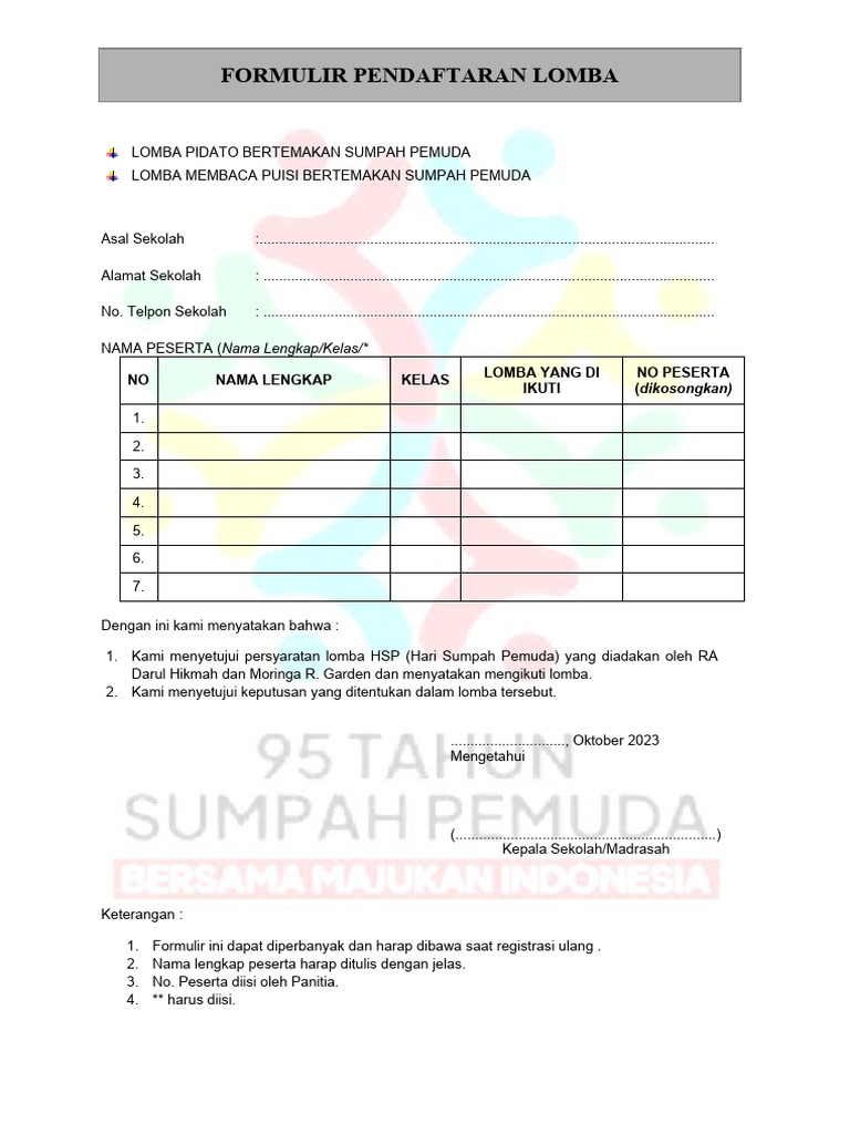 Formulir Pendaftaran Lomba HSP 2023 SMP-MTS | PDF