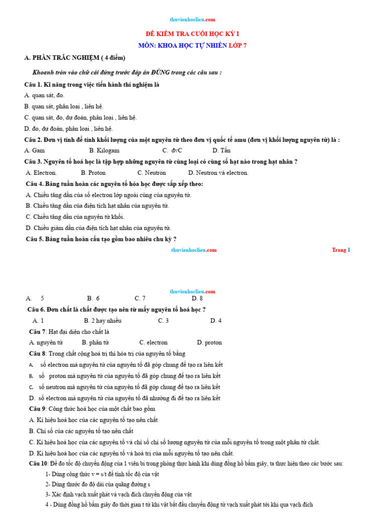 De Thi HK1 KHTN 7 Canh Dieu | PDF