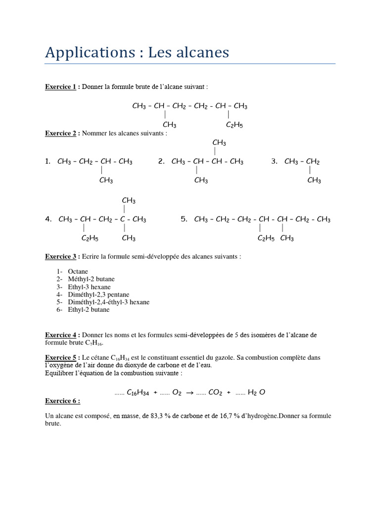 Exercices sur les alcanes corrigés | PDF