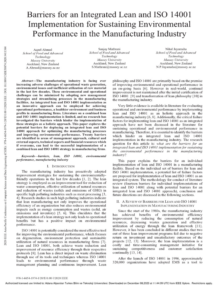 Barriers For An Integrated Lean and ISO 14001 Implementation For ...