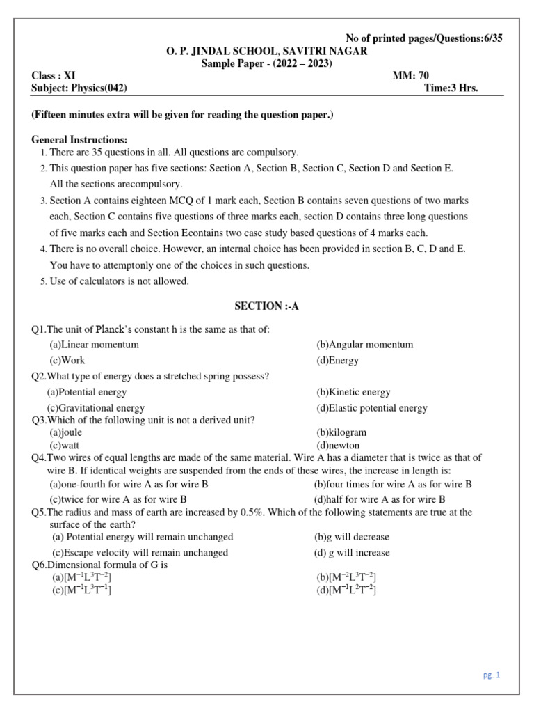 2sample Paper Physics Class 11 QP-2022 - 23 | PDF | Gases | Viscosity