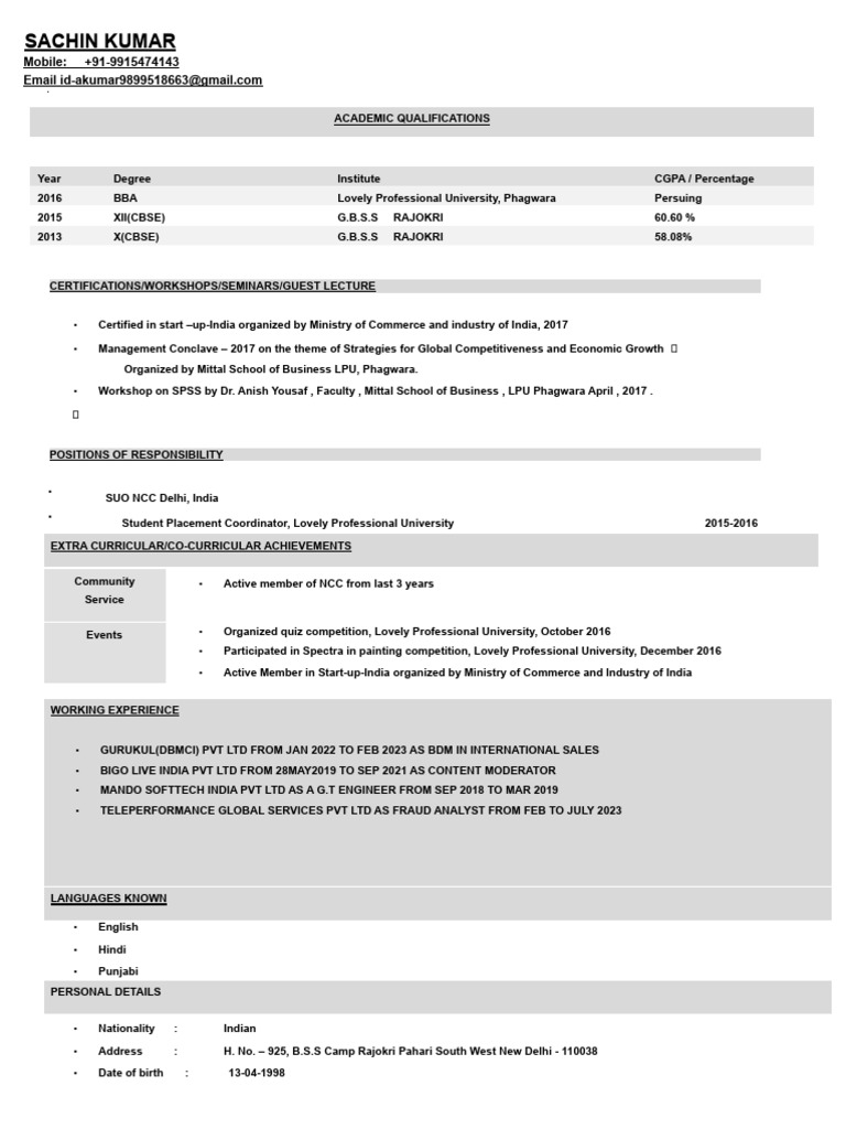 SACHIN - CV New | PDF