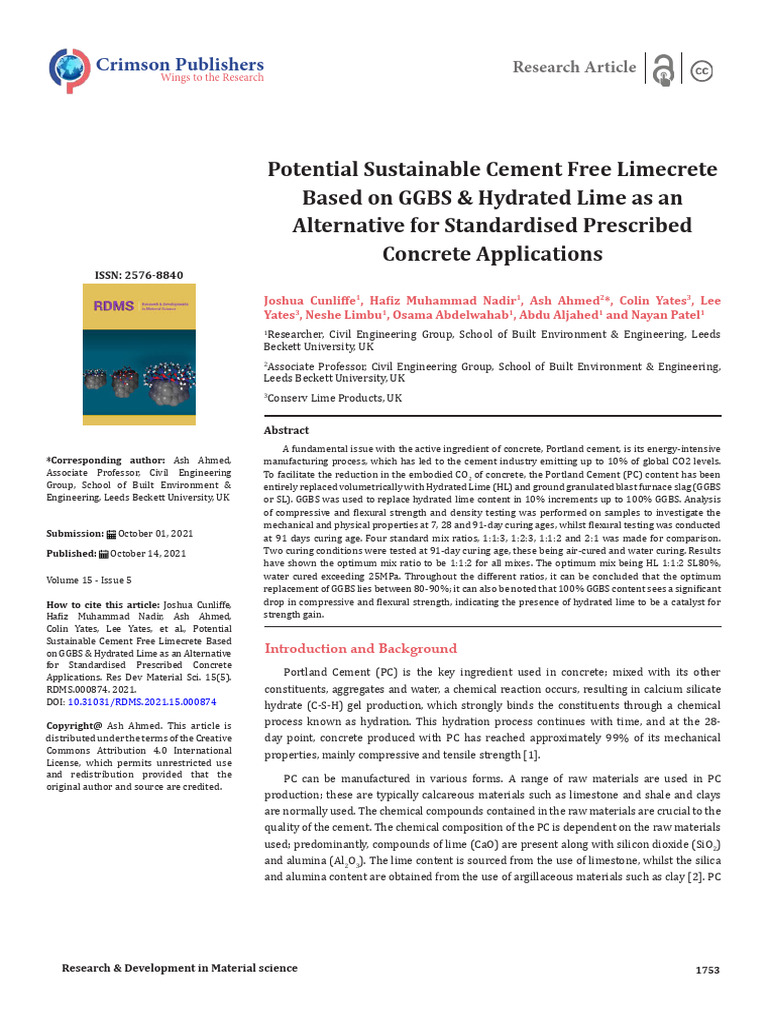 5.potential Sustainable Cement Free Limecrete Based On GGBS Hydrated ...