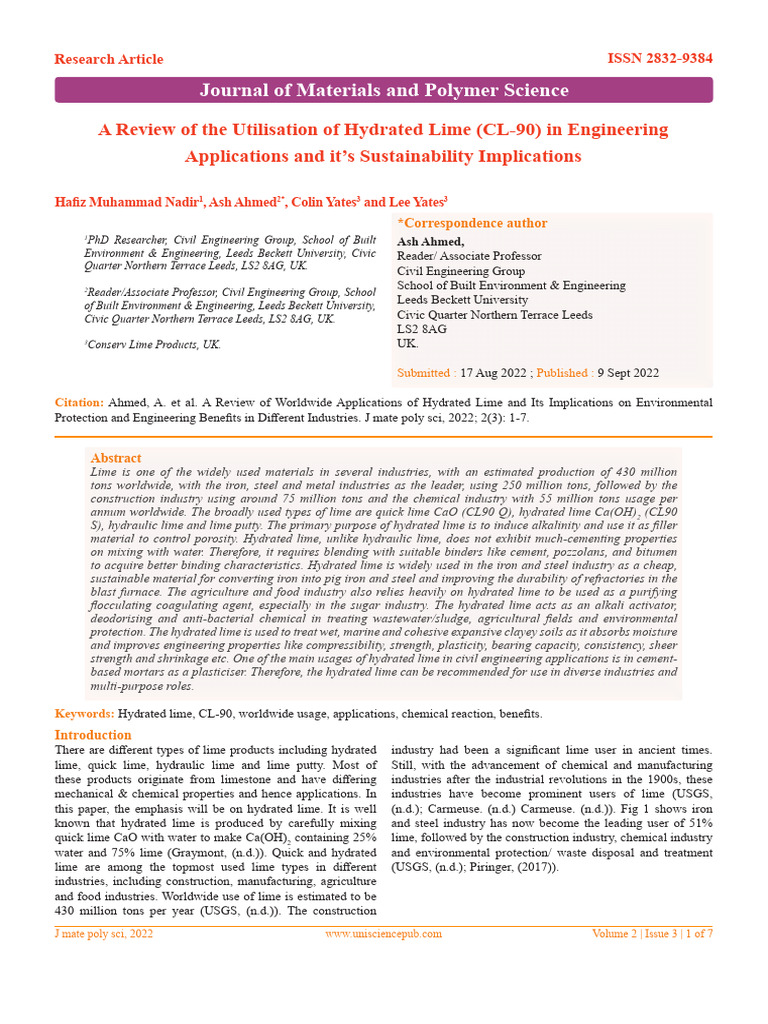 10.a Review of The Utilisation of Hydrated Lime (CL-90) in EngineeringApplications and It's ...