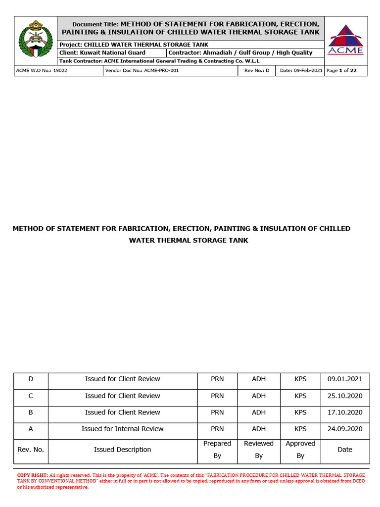 Method of Statement_chilled Water Storage Tank_rev d | PDF