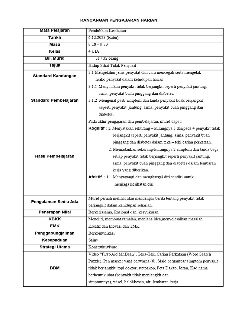 RPH PK Tahun 4 - Penyakit Tidak Berjangkit | PDF | Sains & Matematika