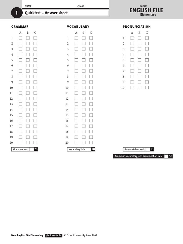 Nef Elem Quicktest 01 Answersheet | PDF