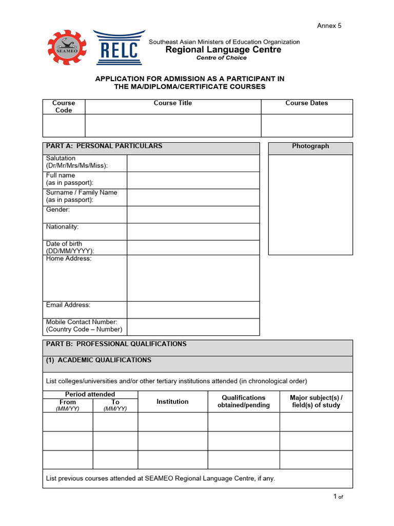 Annex 5 RELC Application Form 2024 | PDF