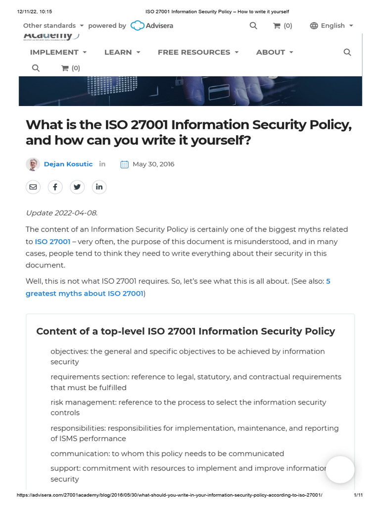 ISO 27001 Information Security Policy - How To Write It Yourself | PDF | Information Security ...