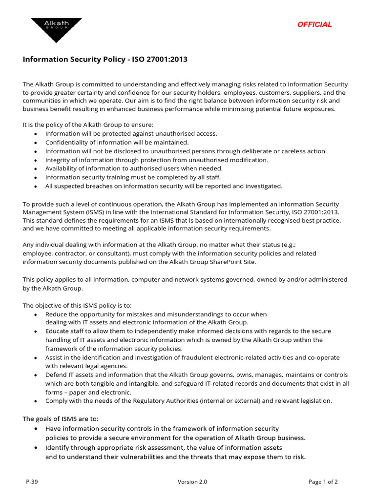 Alkath Group ISO 27001 Security Policy | PDF | Information Security ...