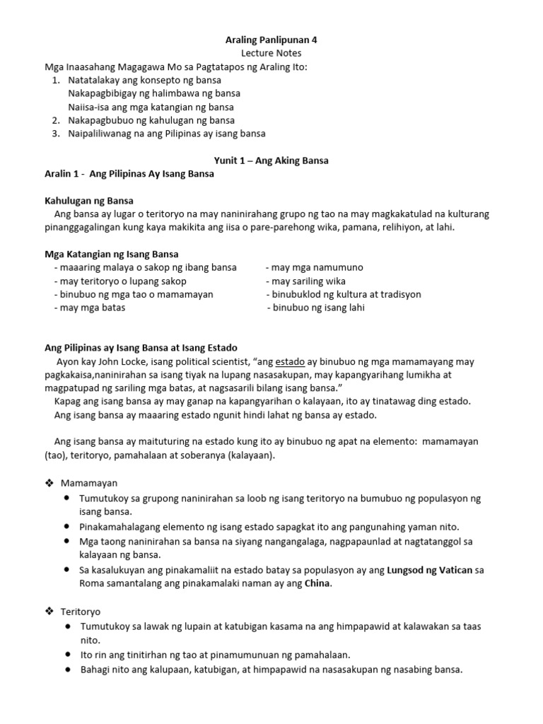Ang Aking Bansa Lecture Notes#1 - 2 | PDF