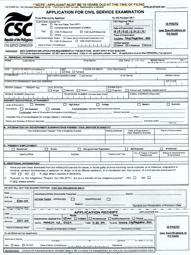CS Form 100 - Application Form - March 3, 2024 | PDF