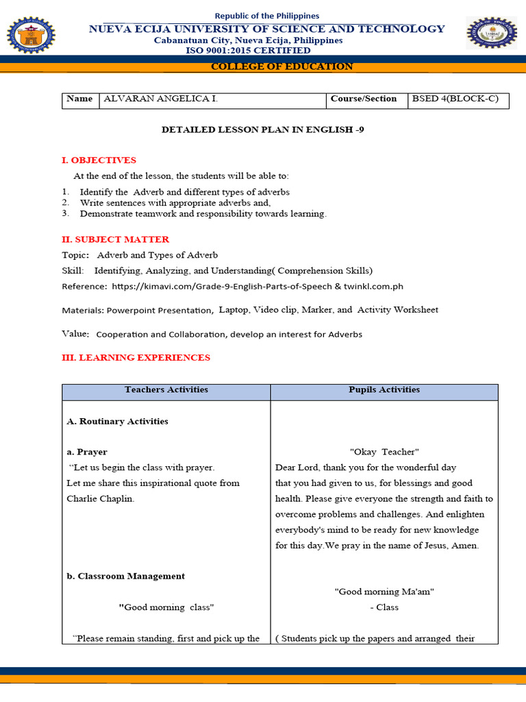 Adverb My Detailed Lesson Plan | PDF | Adverb | Part Of Speech