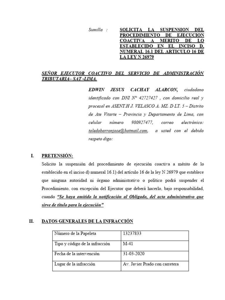 CACHAY. suspension de procedimiento de ejecucion coactivo | PDF ...