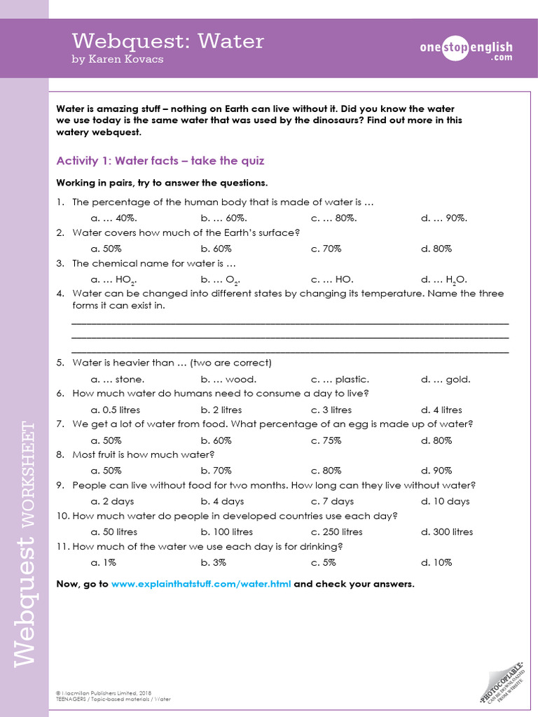 Water Webquest Worksheet for Teens | PDF | Water | Water Purification