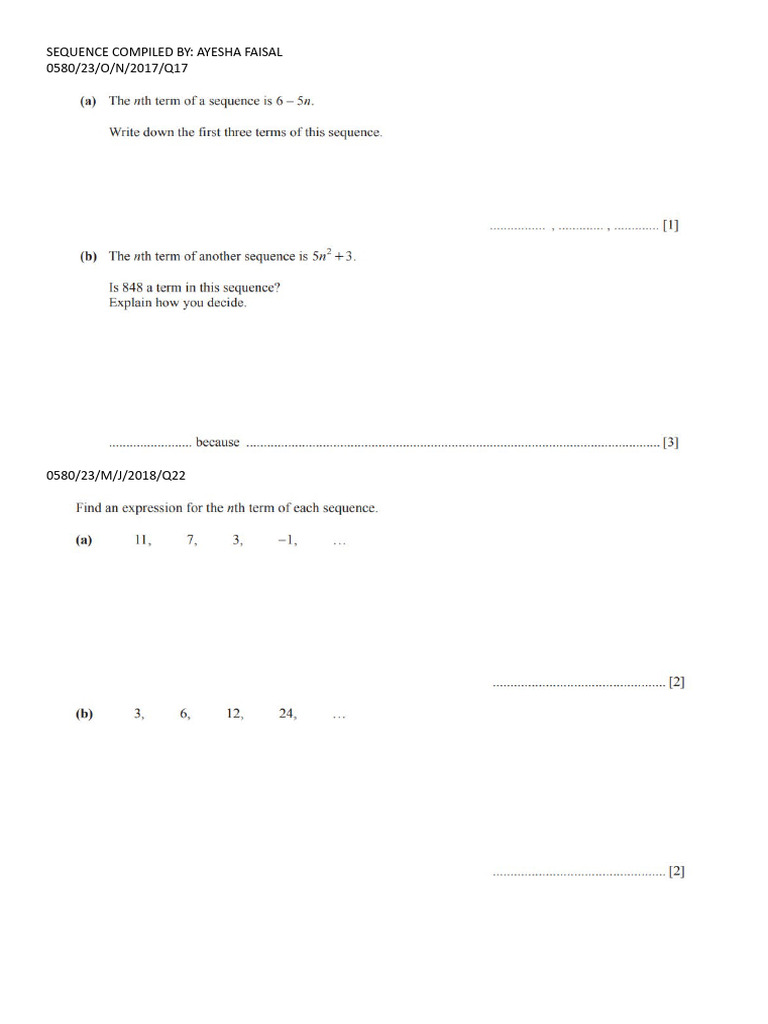 0580 Sequence Math Questions | PDF