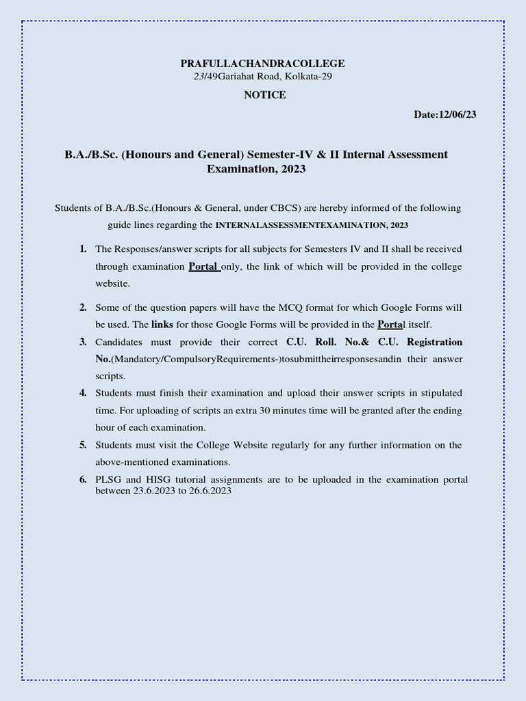 B.A./B.Sc. (Honours and General) Semester-IV & II Internal Assessment Examination, 2023 ...