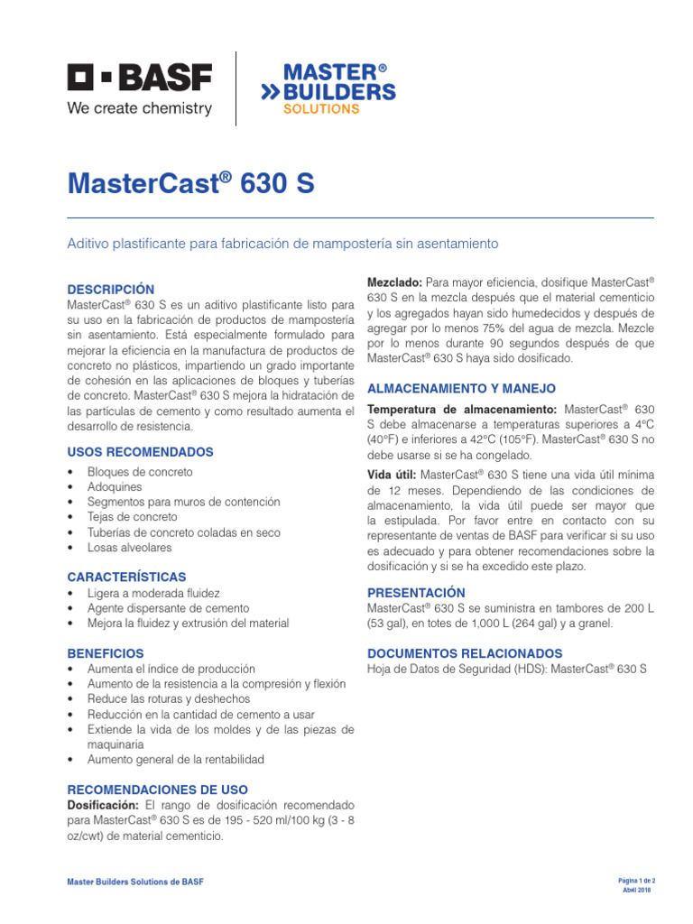 BASF MasterCast 630s Ficha Tecnica | Descargar gratis PDF | Hormigón ...