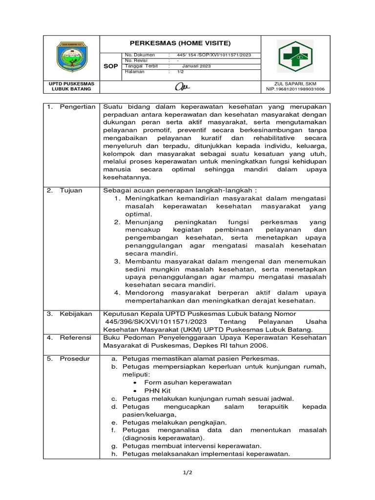 Sop Perkesmas (Home Visite) | PDF