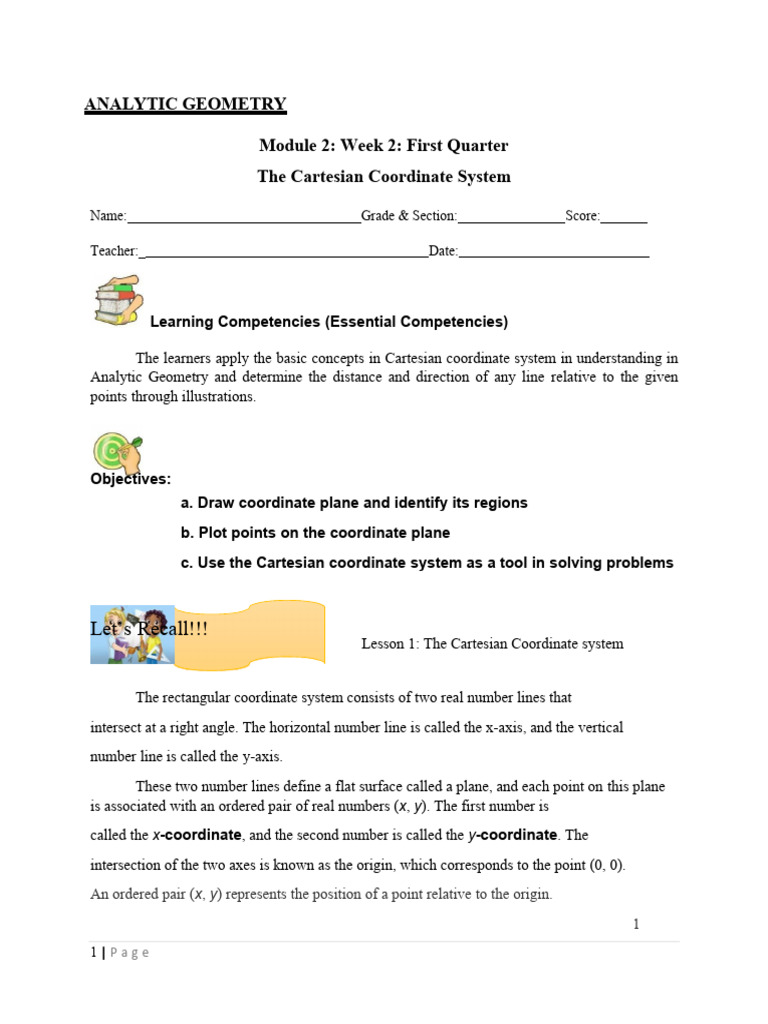 Module 2 Ssp Math 10 Cartesian Coordinate System Pdf
