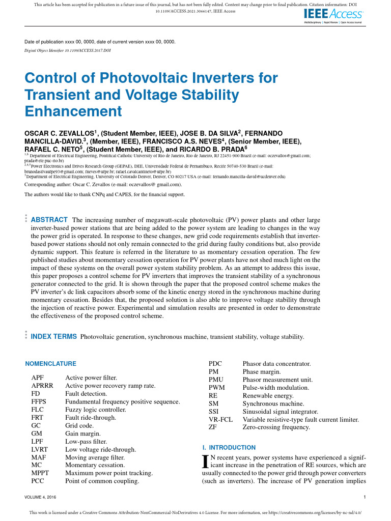 Control of Photovoltaic Inverters For Transient An | PDF | Power ...