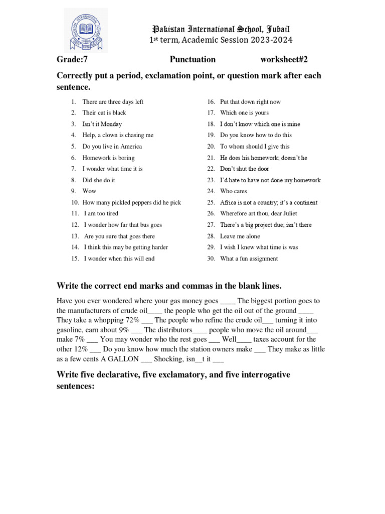 Grade:7 Punctuation Worksheet#2 Correctly Put A Period, Exclamation ...