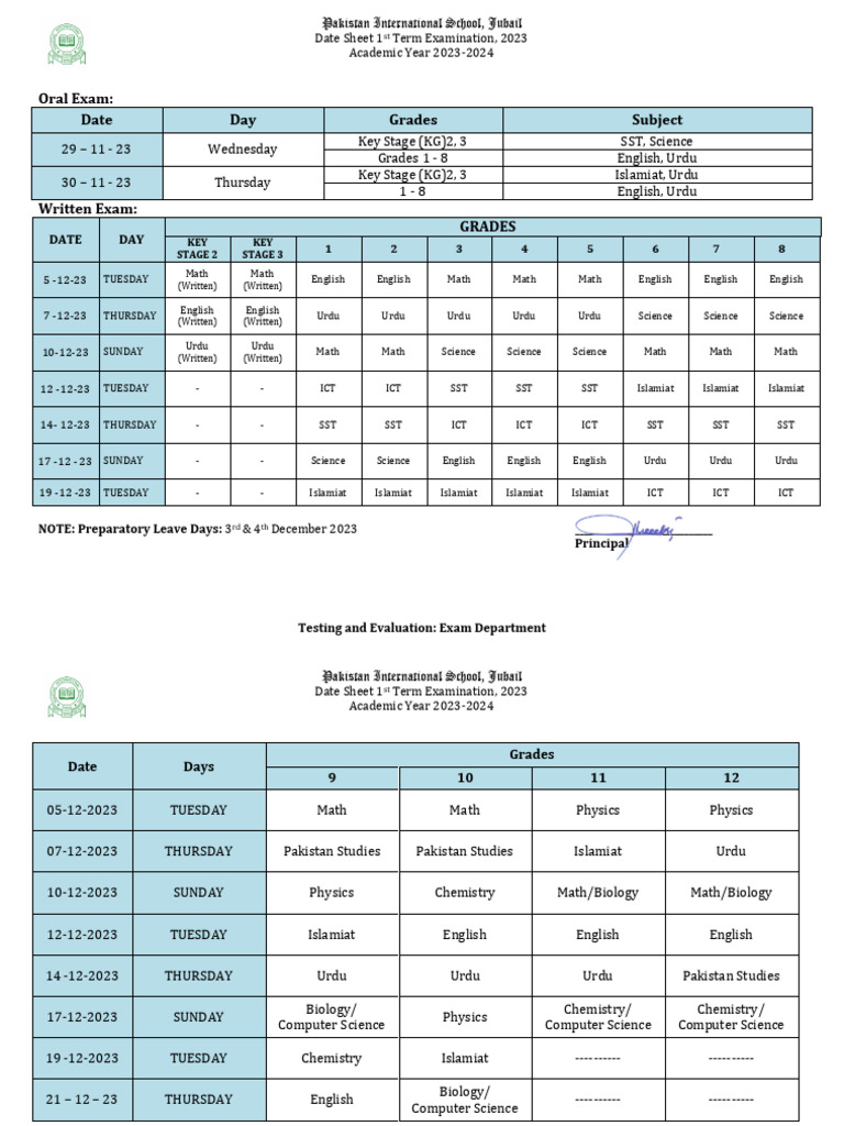 Datesheet 1st Term Exams. 2023-2024 FFF | PDF | Educational Assessment ...
