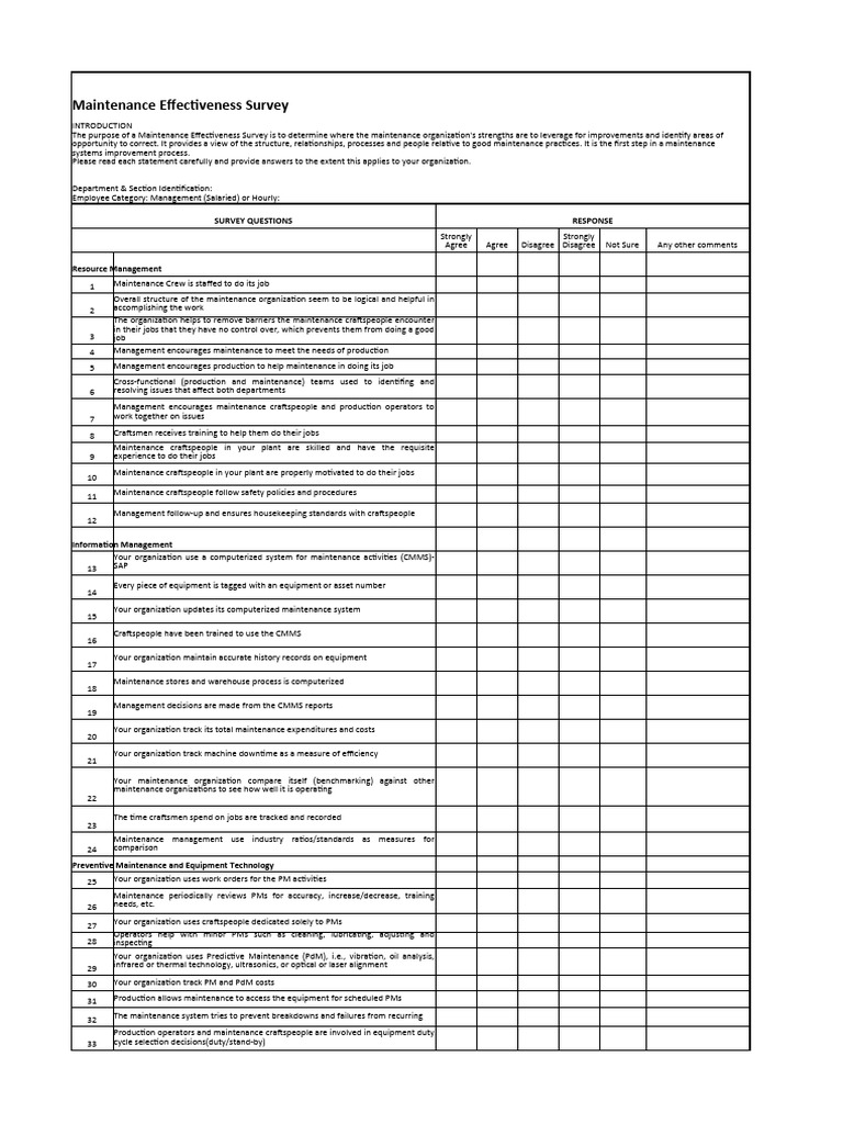 Maintenance Effectiveness Survey Questionnaire Pdf Systems