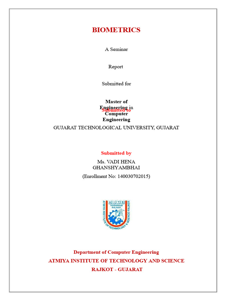 Biometrics A Seminar Report | PDF | Biometrics | Authentication