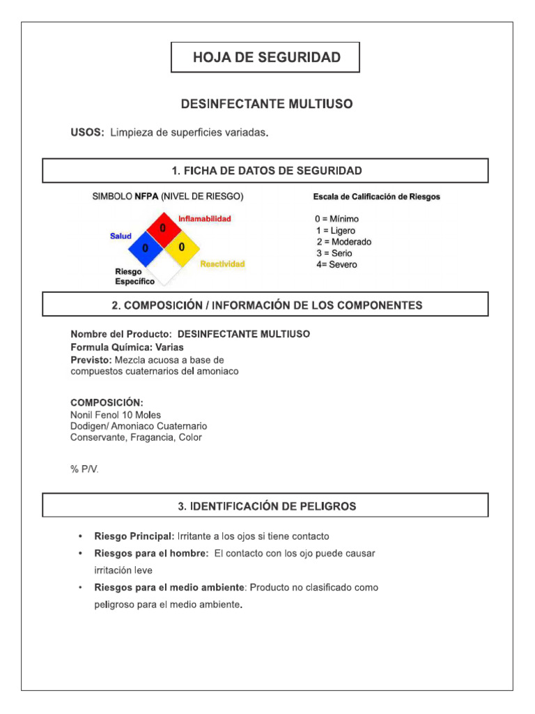 Hojas de Seguridad Desinfectante Multiuso | PDF