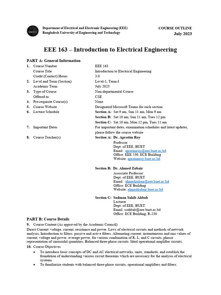 EEE163 CSE Course Outline | PDF | Electrical Network | Analysis EEE163 CSE Course Outline | PDF | Electrical Network | Analysis