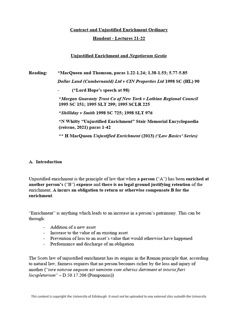 Contract and Unjustified Enrichment - Lectures 21 - 22 - Tagged | PDF | Finance & Money Management