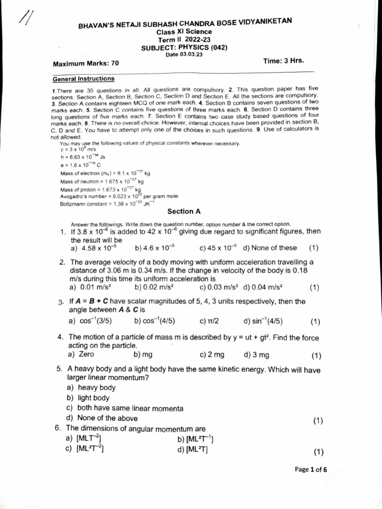 Bhavan's Term II Class - XI Examination | PDF | Acceleration | Force