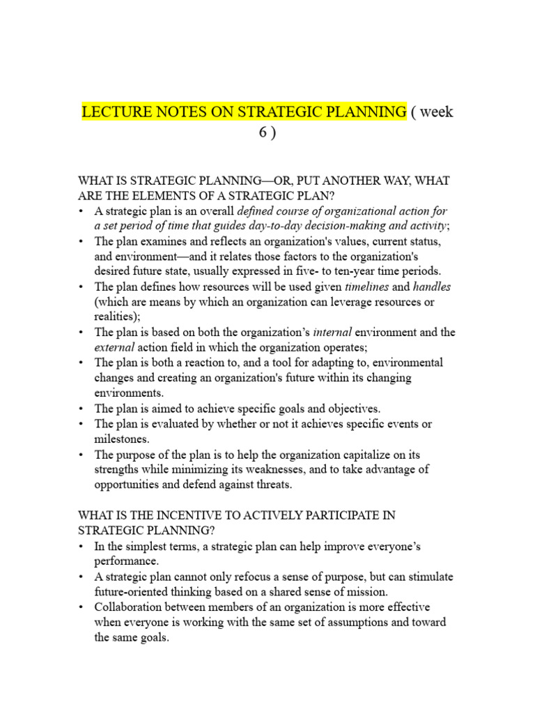 Strategic Planning Lecture Notes | PDF | Strategic Planning | Goal