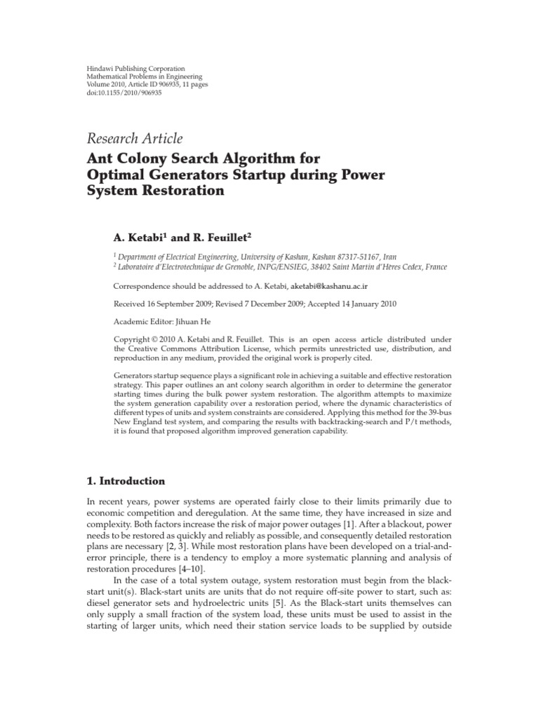 Ant Colony Search Algorithm For Generator-Start-Up-Sequence-Algorithm During Power System ...