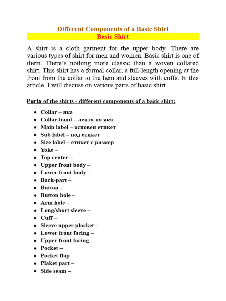 Parts of Shirt | PDF