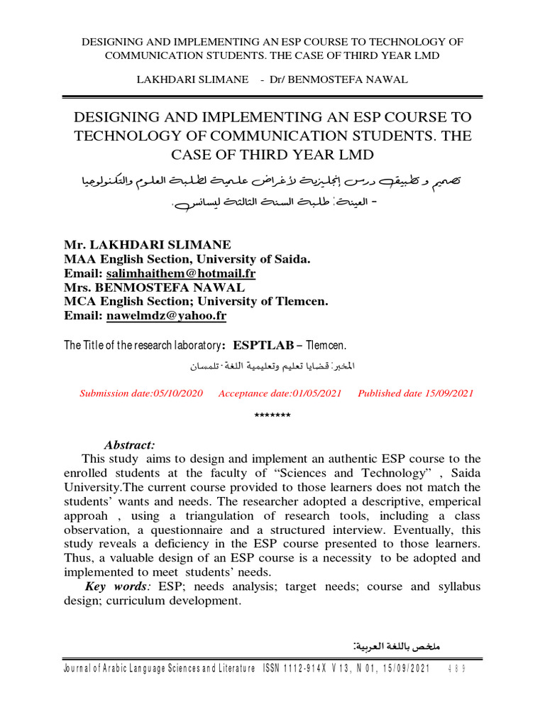 Designing and Implementing An ESP Course To Technology of Communication Students. - The Case of ...