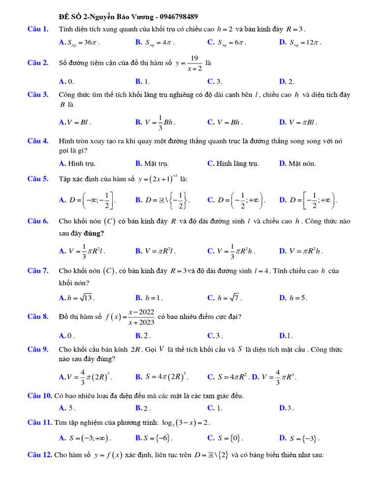 2.kt-Hk1-Toan 12 | PDF