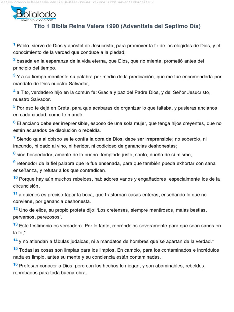 Tito 1 Biblia Reina Valera 1990 (Adventista Del Séptimo Día) | PDF