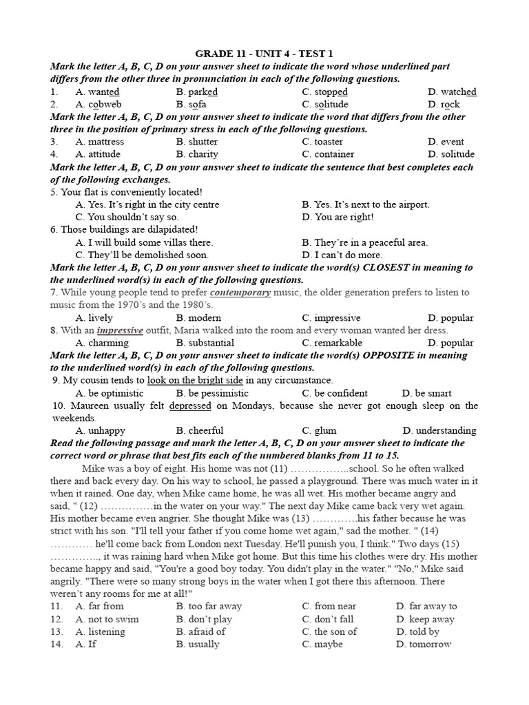 Grade 11 English Test: Pronunciation & Comprehension | PDF | Indonesia