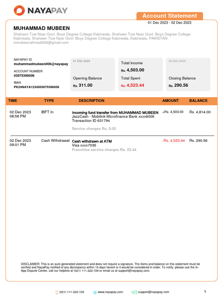 Muhammad Mubeen: Account Statement | PDF