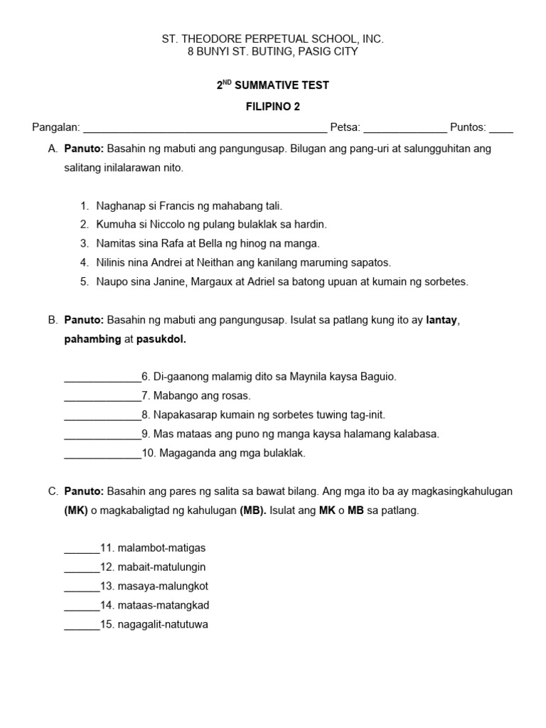 Grade 2 2nd Summative Test Papers | PDF