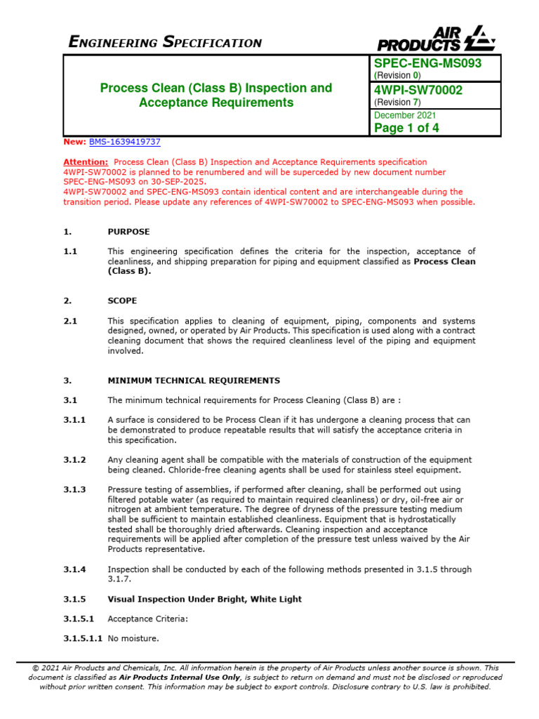 SPEC-ENG-MS093 - R0 - 2021-12 - Process Clean (Class B) Inspection and Acceptance Requirements | PDF